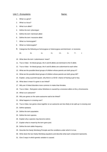 Topic 7 - Ecosystems Fact Recall Quiz AQA A Level Biology | Teaching ...