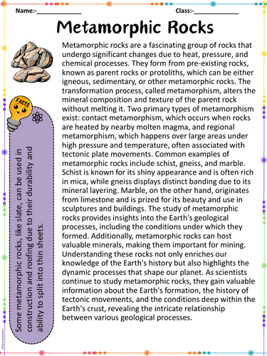 Exploring Metamorphic Rocks: Engaging Reading Passage and Thought ...