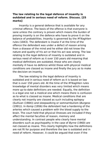 A-Level Law: 2021 Insanity Past Paper Question Model + Plan - Eduqas ...