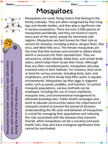 Engaging Reading Passage on Mosquitoes with Interactive Questions ...