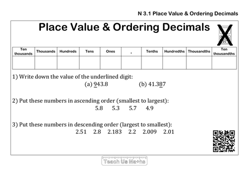 Place Value & Ordering Decimals (N 3.1) | Teaching Resources