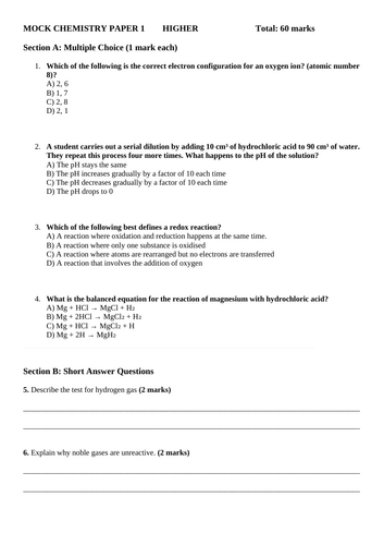 Edexcel Mock Combined Chemistry paper 1- Higher | Teaching Resources