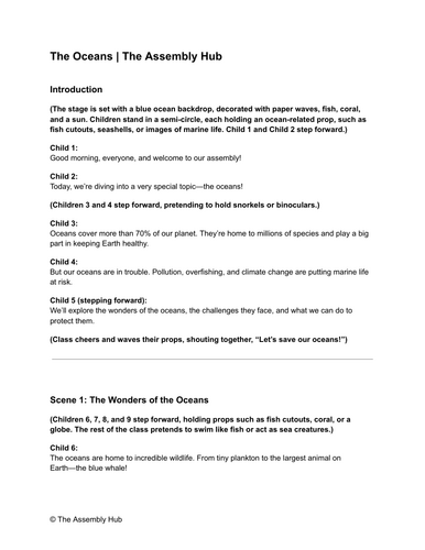 The Oceans (KS2) Class Assembly Script | Teaching Resources