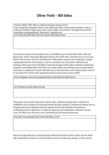 GCSE English Dickens Extract Oliver Twist Bill Sykes KS3 / KS4 ...