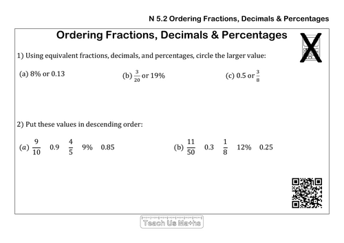 Ordering Fractions, Decimals & Percentages (N 5.2) | Teaching Resources