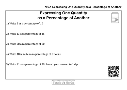 Expressing One Quantity as a Percentage of Another (N 6.1) | Teaching ...