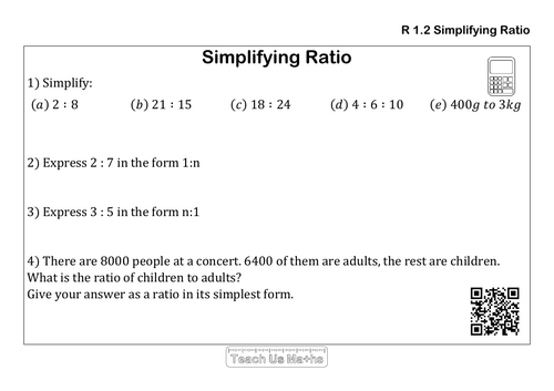 Simplifying Ratio (R 1.2) | Teaching Resources