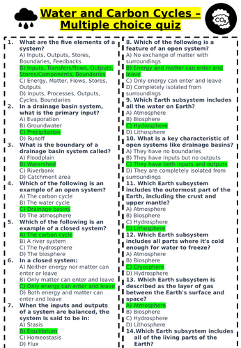 Water and Carbon Cycles Revision- 111 Multiple-choice questions with ...