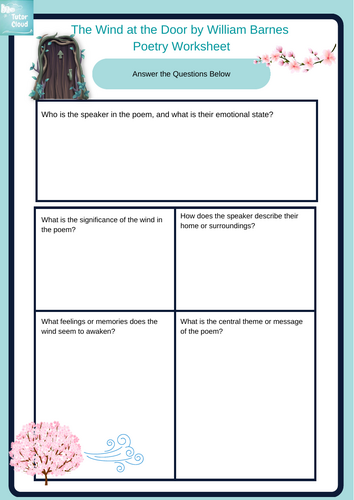 The Wind at the Door by William Barnes Poetry Worksheet | Teaching ...