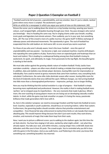 Paper 2 Question 5 exemplars on football | Teaching Resources