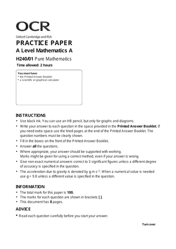 OCR A-Level Maths (H240) Practice Paper | Teaching Resources