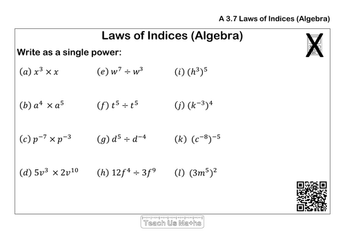Laws of Indices (Algebra) (A 3.7) | Teaching Resources