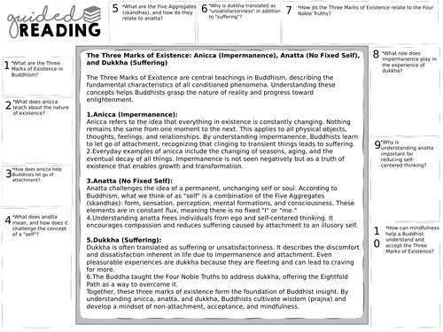 Buddhism: The Three Marks of Existence Guided Reading | Teaching Resources