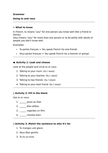 Using tu and vous | Teaching Resources