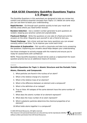 AQA GCSE Chemistry Quickfire Questions Topics 1-10 (Paper 1 & Paper 2 ...
