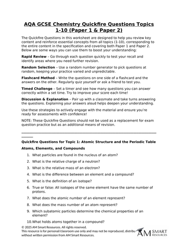AQA GCSE Chemistry Quickfire Questions Topics 1-10 (Paper 1 & Paper 2 ...