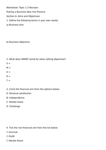 Edexcel GCSE Business Topic 1.3 Putting A Business Idea into Practice ...