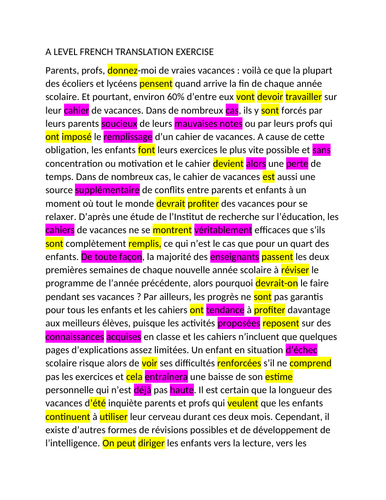 A LEVEL FRENCH TRANSLATION WITH ANSWER | Teaching Resources