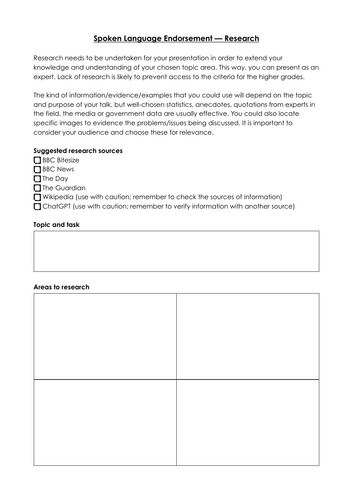 Spoken Language Endorsement Worksheets - GCSE English Language ...