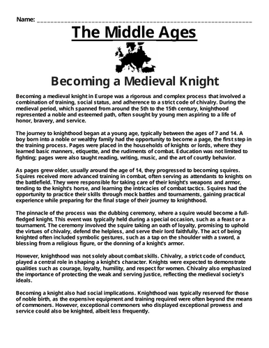Becoming a Medieval Knight “Article & Questions” Assignment (The Middle ...