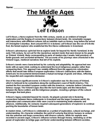 Leif Erikson “Article & Questions” Assignment (The Middle Ages ...
