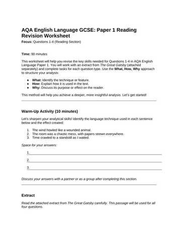 Language Paper 1 Revision Worksheet (Great Gatsby) | Teaching Resources