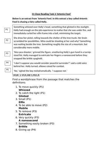 English Reading Task BGE Level 3 KS 2/3-Artemis Fowl | Teaching Resources