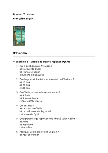 Bonjour Tristesse by Françoise Sagan - Overview | Teaching Resources