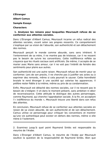 Sample Essays on Characters in L’Étranger by Albert Camus | Teaching ...