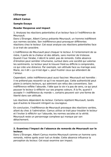 L’Étranger by Albert Camus - Sample Essays - Reader Response and Impact ...