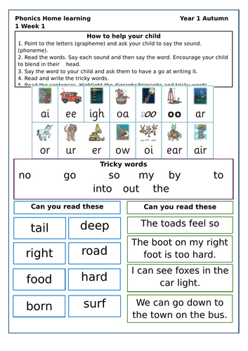 Little Wandle Autumn 1 Homework sheets Week 1 - 5 | Teaching Resources