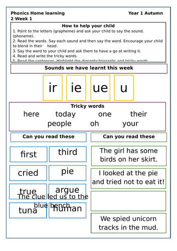 Little Wandle Autumn 2 Homework sheets Week 1 - 5 | Teaching Resources