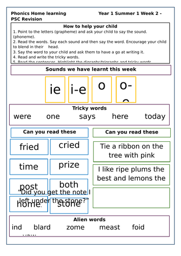 Little Wandle Summer 1 Homework sheets Week 1 - 6 | Teaching Resources
