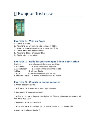 Bonjour Tristesse - Françoise Sagan - Summary | Teaching Resources