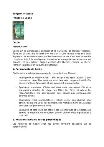 Bonjour Tristesse by Françoise Sagan - Characters - Cécile | Teaching ...