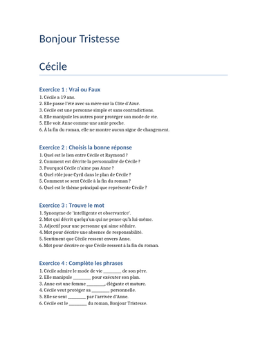 Bonjour Tristesse by Françoise Sagan - Characters - Cécile | Teaching ...