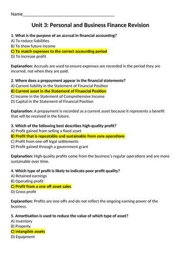 BTEC Business Unit 3 Finance HOT TOPICS May 2025 | Teaching Resources