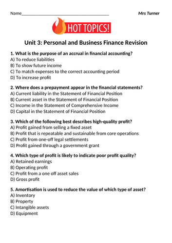 BTEC Business Unit 3 Finance HOT TOPICS May 2025 | Teaching Resources