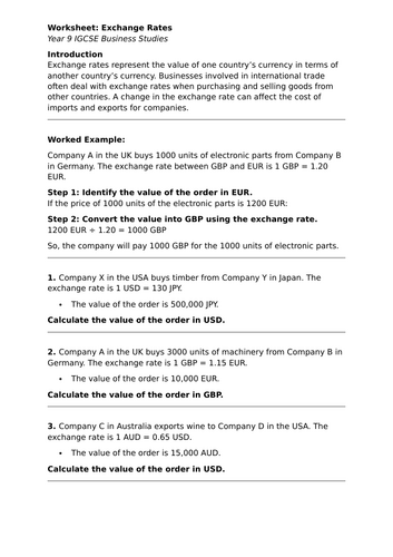 Exchange Rates Activity Sheet | Teaching Resources