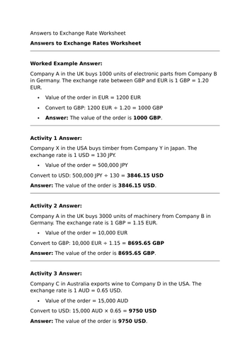 Exchange Rates Activity Sheet | Teaching Resources