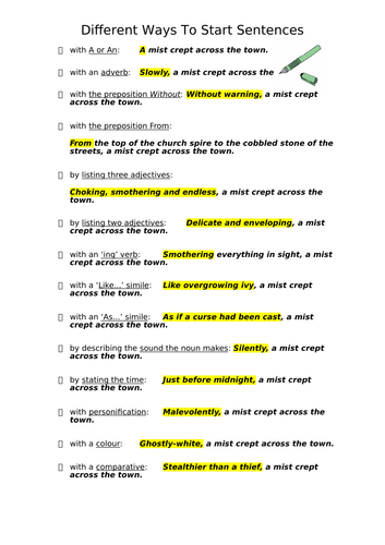Different ways to start sentences | Teaching Resources