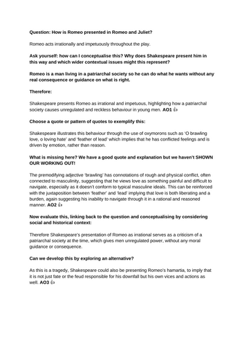 How to conceptualise Romeo and Juliet essays worksheet | Teaching Resources