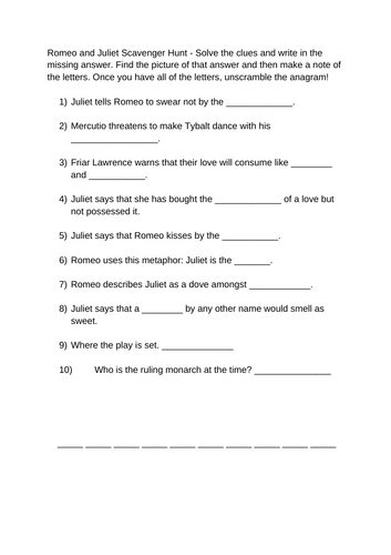 Romeo and Juliet Scavenger Hunt | Teaching Resources