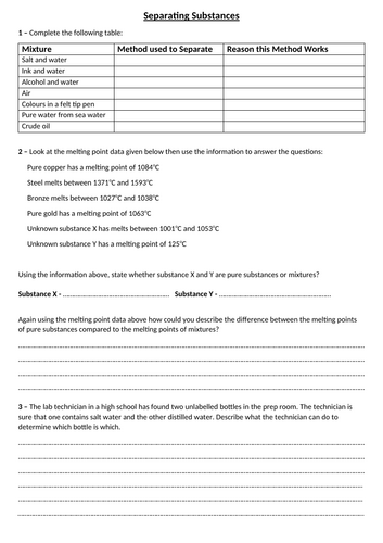 Separating Substances Worksheet with Answers | Teaching Resources