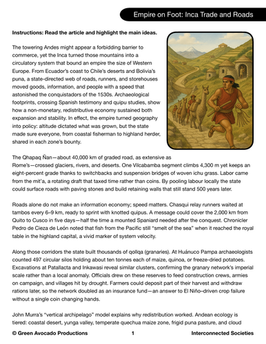 Reading Skills Worksheet: Empire on Foot-Inca Trade and Roads ...