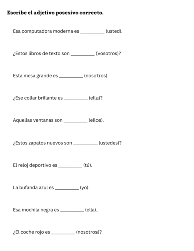 stressed possessive adjectives in spanish worksheet with answer key ...
