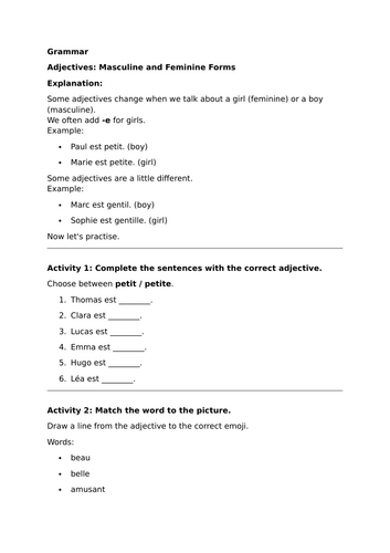 Adjectives – Masculine and Feminine Forms | Teaching Resources