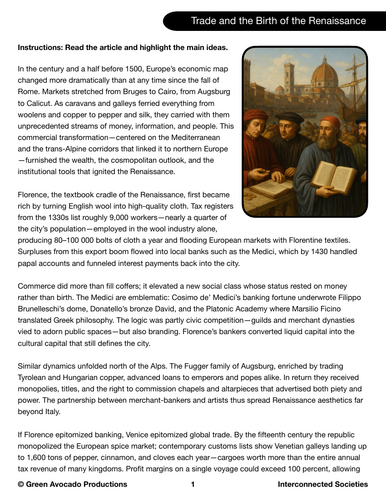 Reading Skills Worksheet: Trade and the Birth of the Renaissance ...