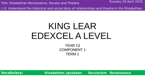A-Level English: King Lear Context Lessons and Handouts (2x4) | Teaching Resources