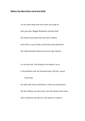 'Before You Were Mine' Higher English Duffy Scottish Set Text Resources ...